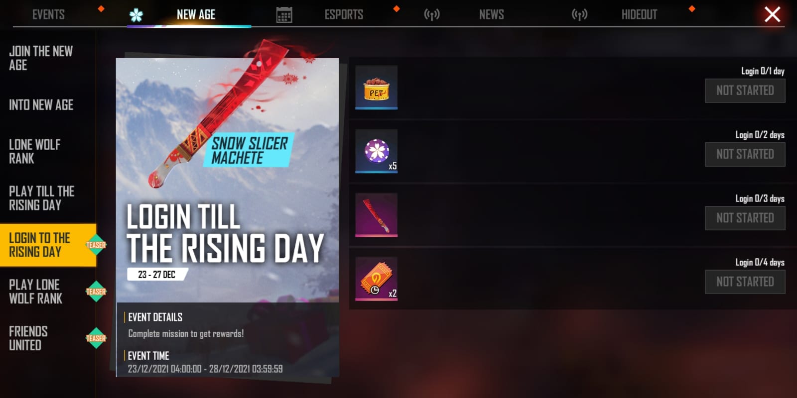 Free Fire Login Till the Rising Day: Get Snow Slicer Machete
